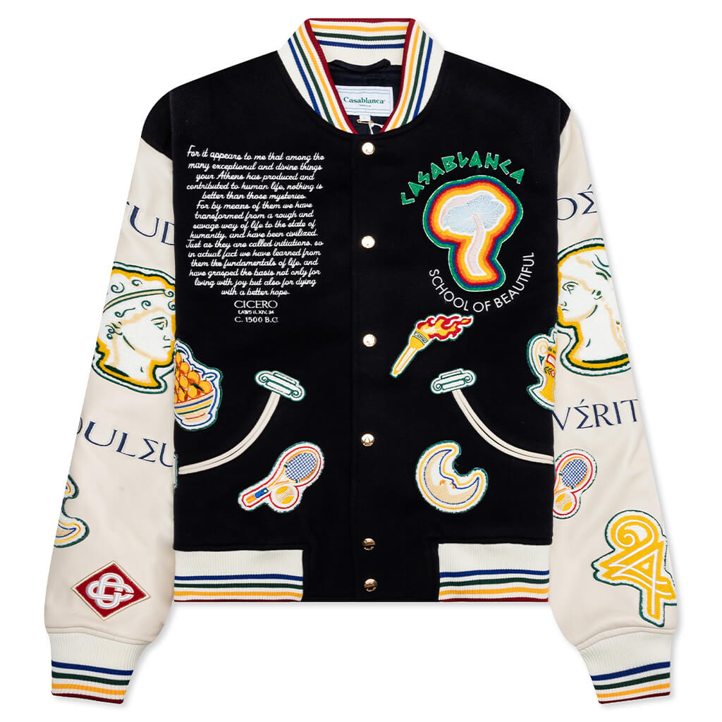 Chenille Embroidered Patchwork Bomber Jacket - Navy/Off-White – Feature