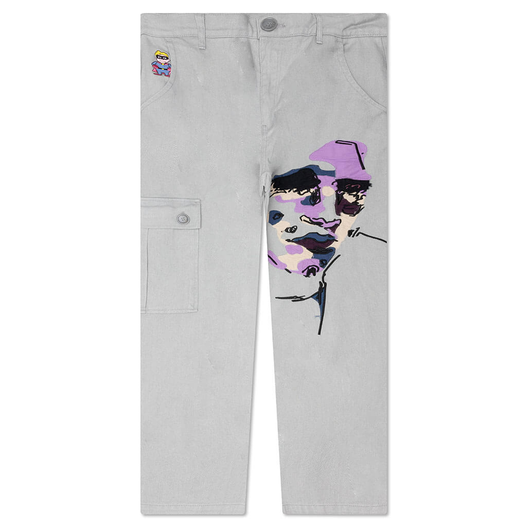 Face Embroidered Denim Pants - Grey – Feature