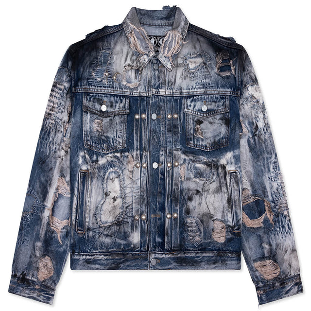 Hard-Washed Damaged Denim Jacket - Blue – Feature