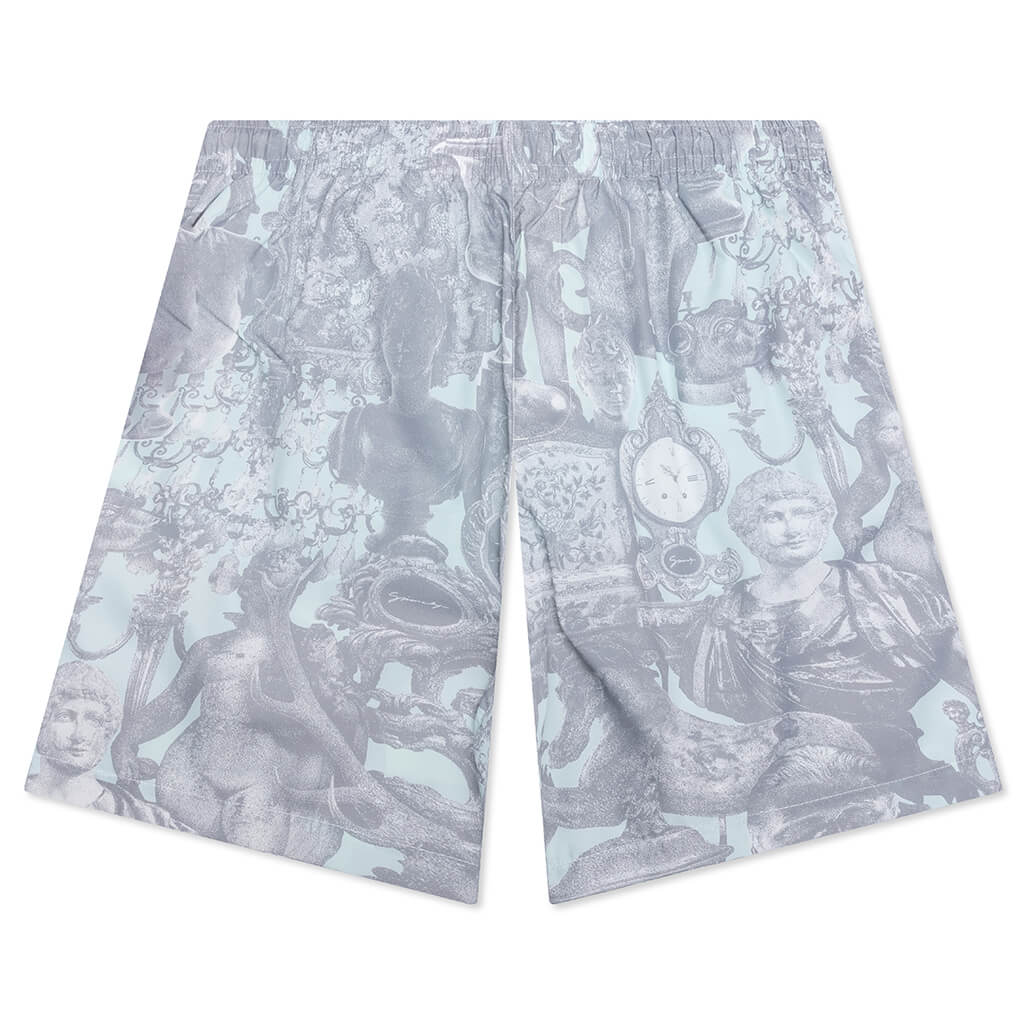 Linen Bermuda Swim Shorts with Hubert Objects Print - Prussian Blue/Gr ...