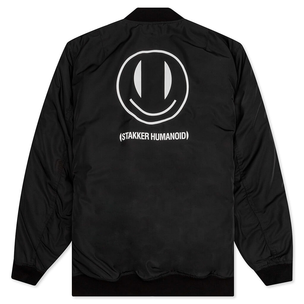 Raf Simons x Smiley Print and Badge Bomber Jacket - Black – Feature