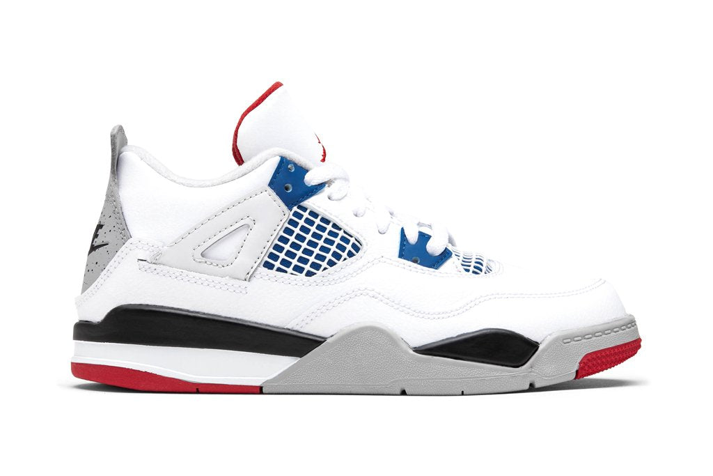 Air 4 Retro (PS) "What the" - White/Military Blue/Fire Red – Feature