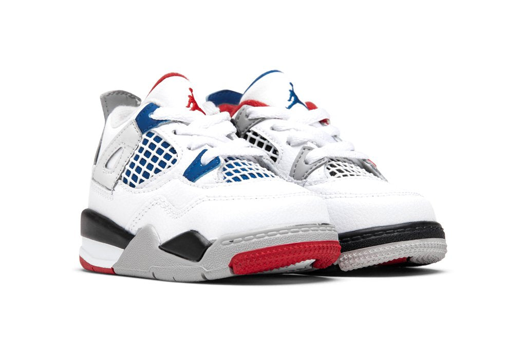 Air 4 Retro (TD) "What the" - White/Military Blue/Fire Red – Feature