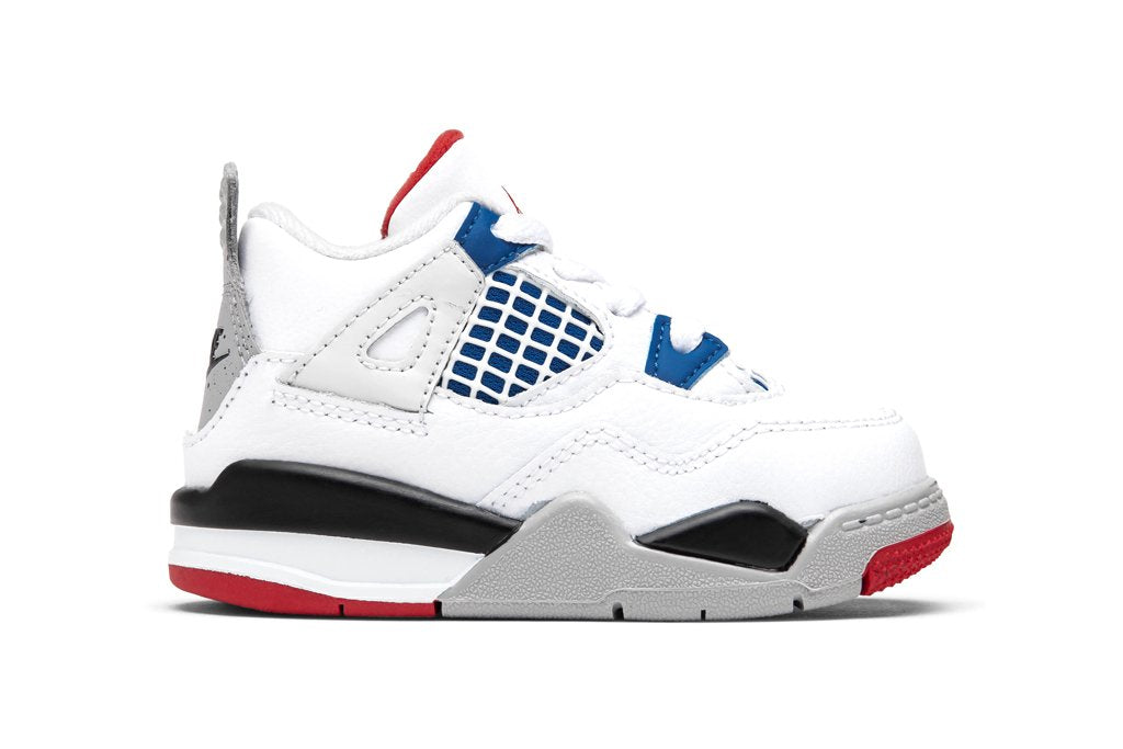 Air 4 Retro (TD) "What the" - White/Military Blue/Fire Red – Feature