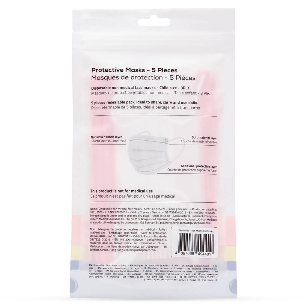 STANDARD Protective Masks Child 5 Pack - Neon Pink – Feature